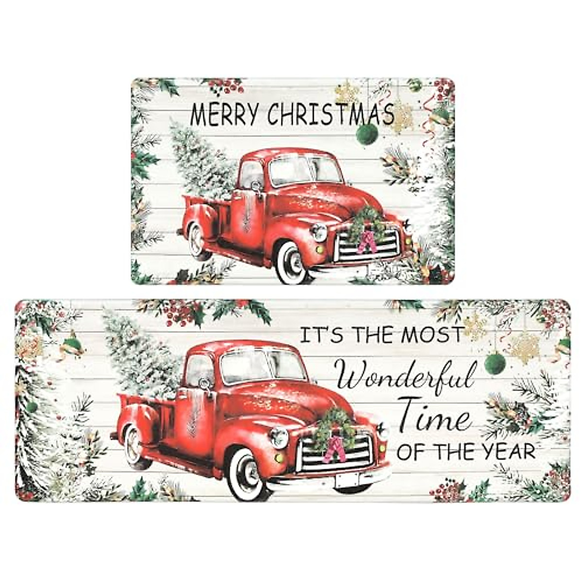 Ileading Red Truck Xmas Tree Kitchen Rugs and Mats Set of 2 Merry Christmas Anti Fatigue Kitchen Floor Mat Farmhouse Wood Grain Comfort Standing Mat Waterproof Kitchen Sink Mat for Floor Kitchen Home