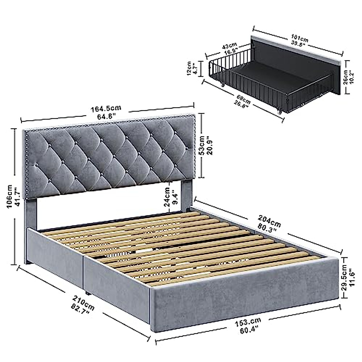LIKIMIO Queen Bed Frame with Storage Drawers, Upholstered Platform Bed with Headboard - Sturdy Structure for a Comfortable & Noiseless Sleeping Space