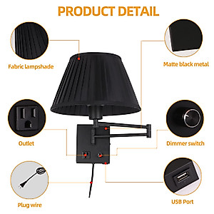 Plug in Wall Sconce 17"Swing Arm Wall Lamp with Plug in Cord and Dimmable Switch Black Sconces Wall Lighting with USB Port and AC Outlet Wall Mounted Lamp Suitable for Bedroom Living Room hallway.