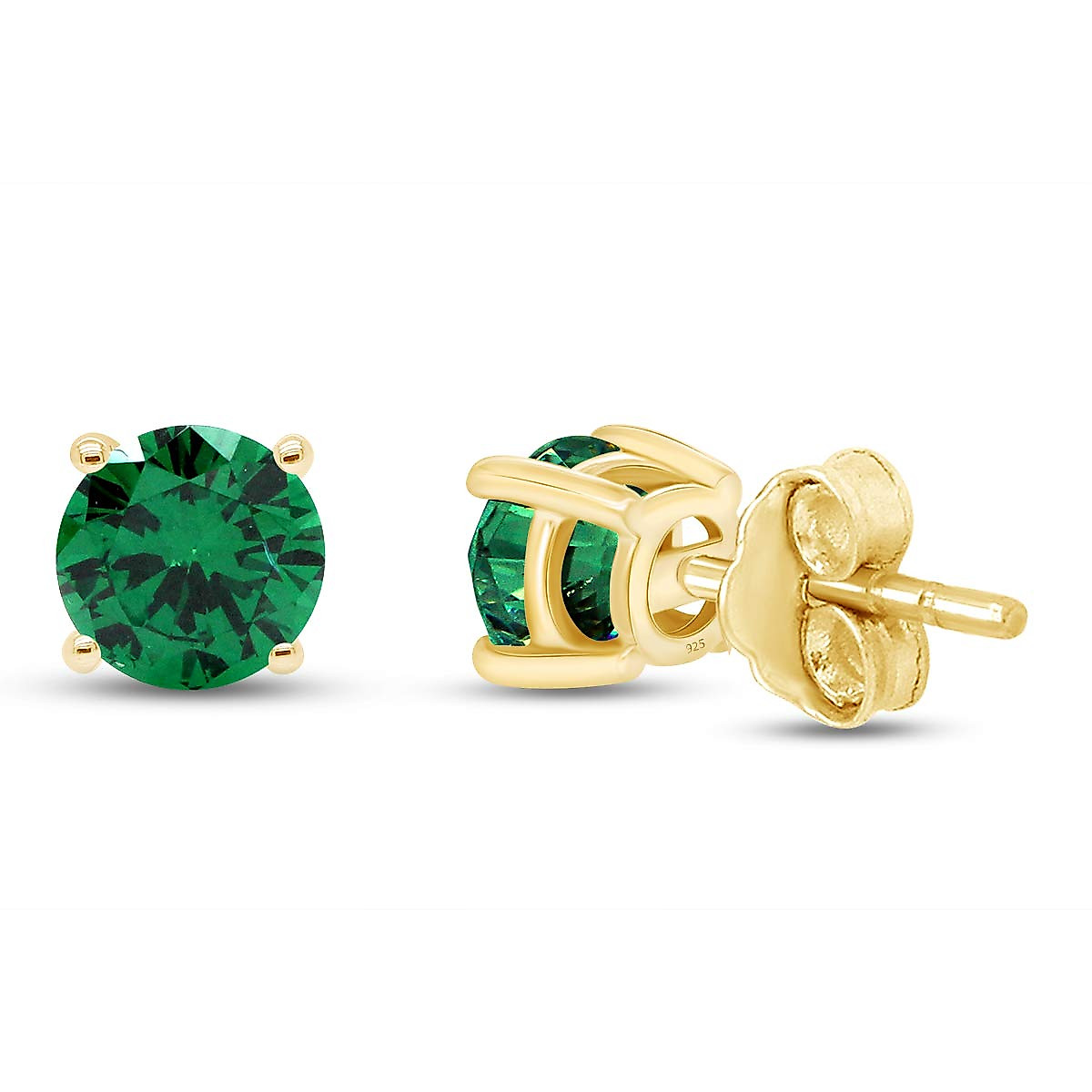 Simulated Green Emerald 4MM Round Shape Stud Earrings In 14K Yellow Gold Over Sterling Silver (0.5 Ct)