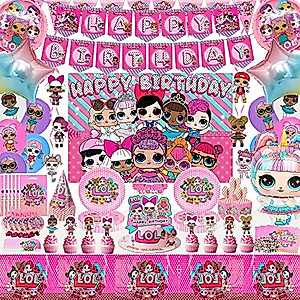 241PCS Surprise Birthday Party Supplies, Pink Birthday Party Decorations Included Banner, Backdrop, Balloon, Tablecloth, Hanging Swirl, Tableware, Blowing Dragon Party Decorations for Girls Birthday