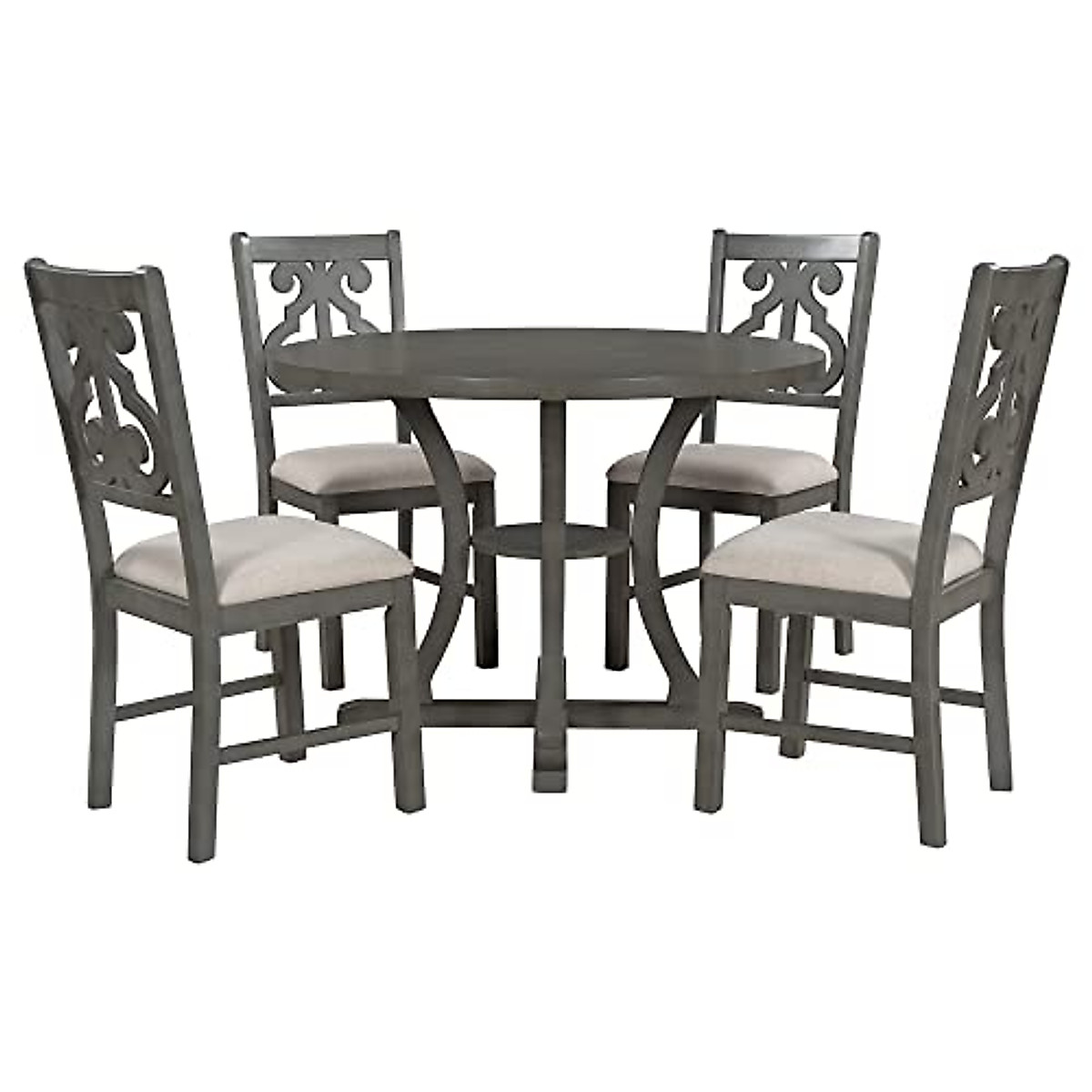 GLORHOME 5 Piece Round Table Set for 4 with Special-Shaped Legs and an Exquisitely Designed Hollow Chair Back in The Dining Room, Gray+Green