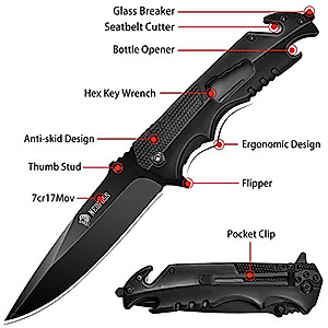 NedFoss Pocket Knife for Men, 5-in-1 Multitool Folding Knife with Bottle Opener, Glass Breaker, Seatbelt Cutter and Wrench, Survival Knife for Emergency Rescue Situations, Home Improvements