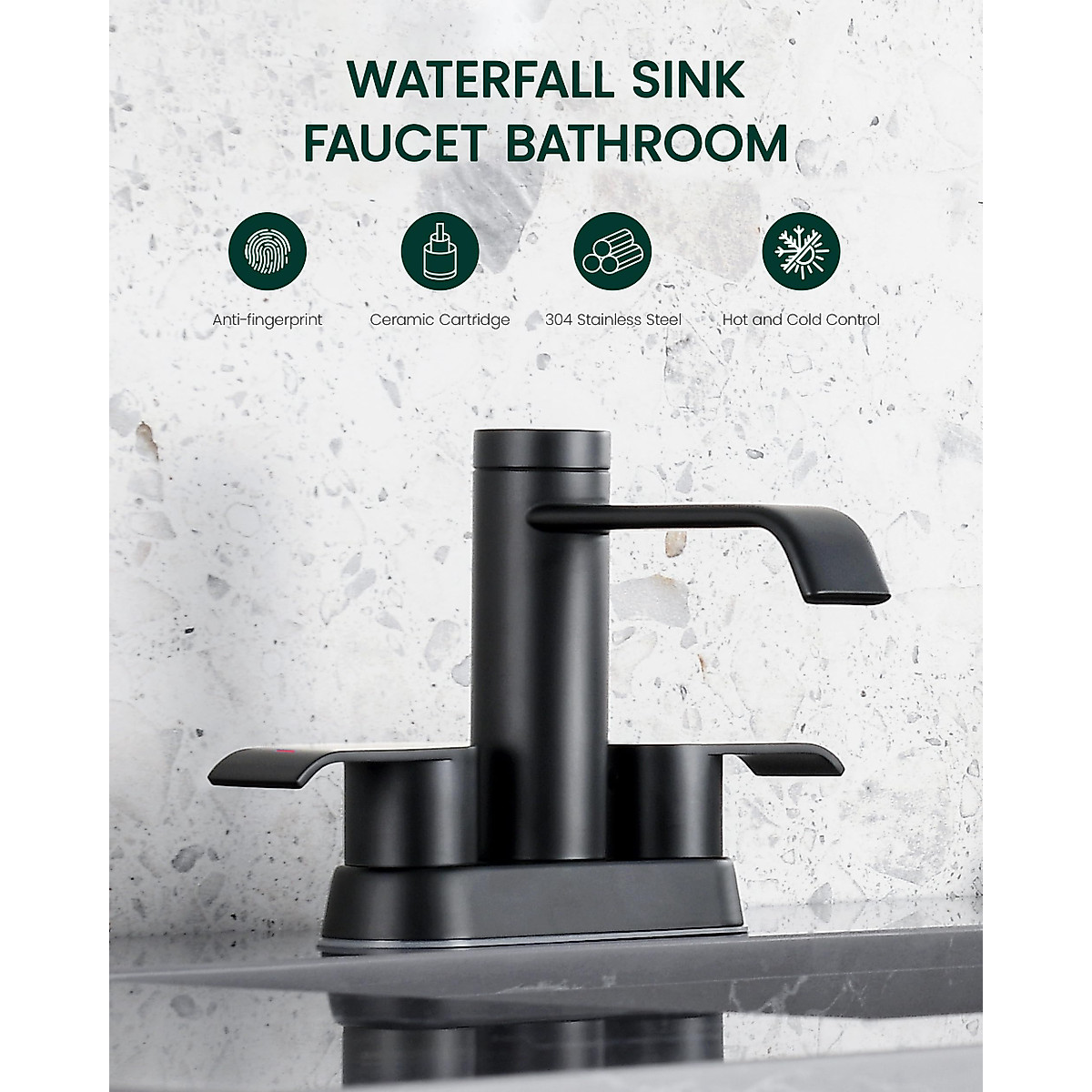Matte Black Waterfall Bathroom Sink Faucet - HEISOK 4 Inch Bathroom Faucet with Overflow Pop Up Drain & Supply Hose, Stainless Steel 2 Handles Centerset Lavatory Vanity Bath Faucet for 2 or 3 Hole