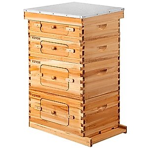 VEVOR Bee Hive, 10 Frame Complete Beehive Kit, Dipped in 100% Natural Beeswax Includes 2 Deep Brood & 2 Medium Honey Super Boxes with Waxed Foundations, for Beginners & Pro Beekeepers, 4 Layer