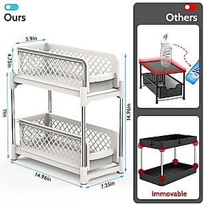 Under Sink Organizers and Storage,2 Tier Pull Out Bathroom Sink Organizer, Sliding Cabinet Basket Organizer with 4 Hooks,2 Hanging Cups, Under Sink Storage for Bathroom, Kitchen, Cleaning Supplies.