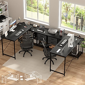 Homieasy Reversible L Shaped Desk with Power Outlet, Corner Computer Desk with Drawers and Storage Shelves, L-Shaped Long Home Office Desk Study Writing Desk Gaming Desk, Black