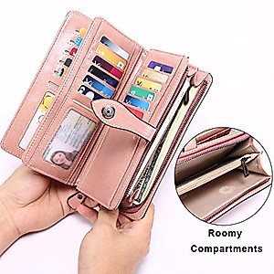 HUANLANG Women Wallets Large Ladies Leather Wallet with Coin Pocket RFID Wallet Organizer for Women with Wrist Strap (Pink)
