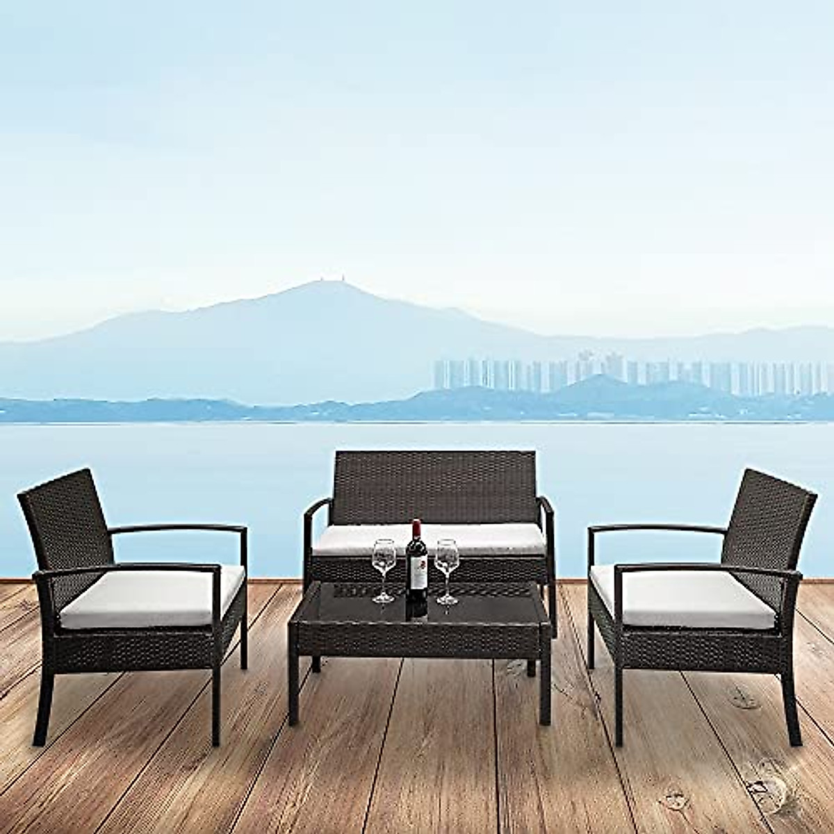 SAWQF in Stock 2pcs Arm Chairs 1pc Love Seat & Tempered Glass Coffee Table Rattan Sofa Set Brown Gradient Patio Outdoor Furniture Set