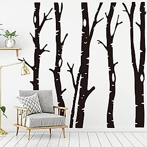 Shimeyao 7 Sheets Giant Tree Wall Decals Large Birch Tree Decals for Walls Woodland Forest Room Decor PVC Huge Size Wall Stickers for Nursery Living Room Decoration, 78.74 x 78.74 Inch (Black)