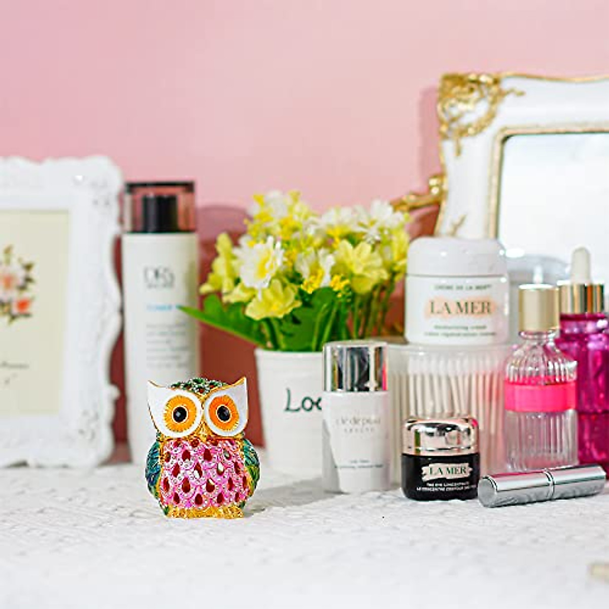 YU FENG 2.9inch Hollow Owl Trinket Box Hinged Hand-painted Enamel Jewelry Organizer with Crystals Ring Earrings Storage Novelty Animal Figurine Collectible