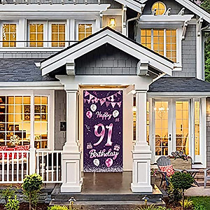 Happy 91st Birthday Sweet Purple Rose Banner Backdrop Balloons Confetti Cheers to 91 Years Old Bday Theme Decorations Decor for Door Cover Porch Women Men 91st Birthday Party Supplies Background