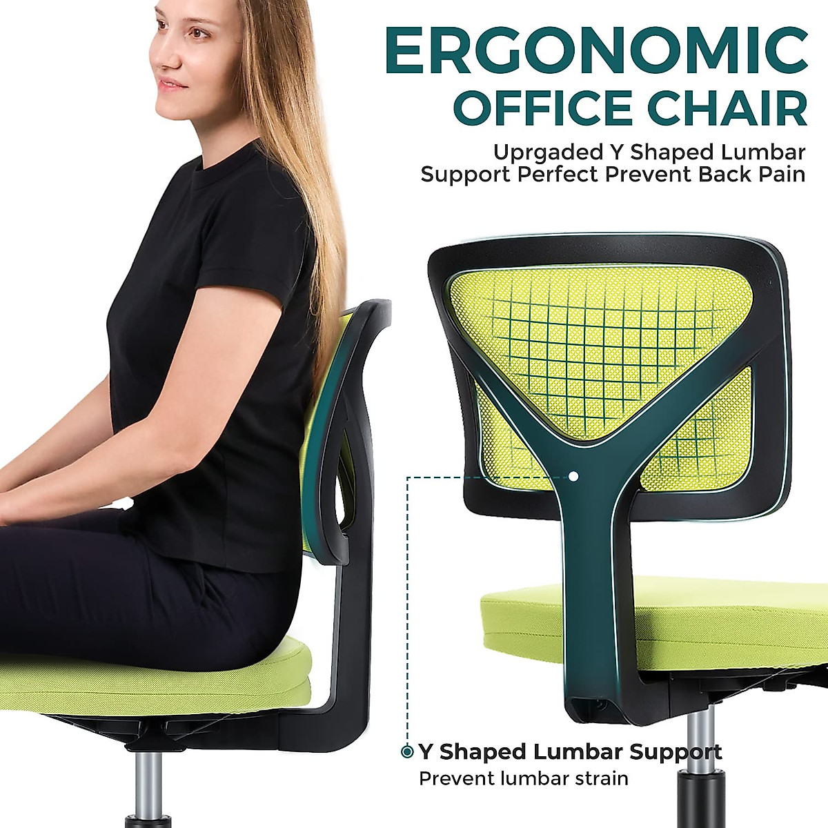 DUMOS Armless Desk Wheels Cute Home Office Chairs, Ergonomic Adjustable Swivel Rolling Task, Comfy Mesh Mid Back Computer Work Vanity Chair for Small Spaces, Green