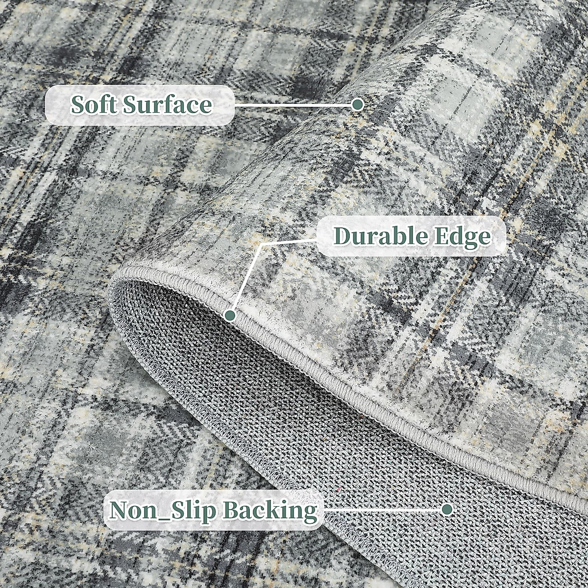 GlowSol Washable Rugs 5x7 Rug for Living Room Plaid Area Rug Non Slip Throw Rugs Bedroom Rugs Soft Rug No Shedding Floor Mats Modern Area Rugs for Entryway Dining Room Office Rug Greenish Grey 5'x7'
