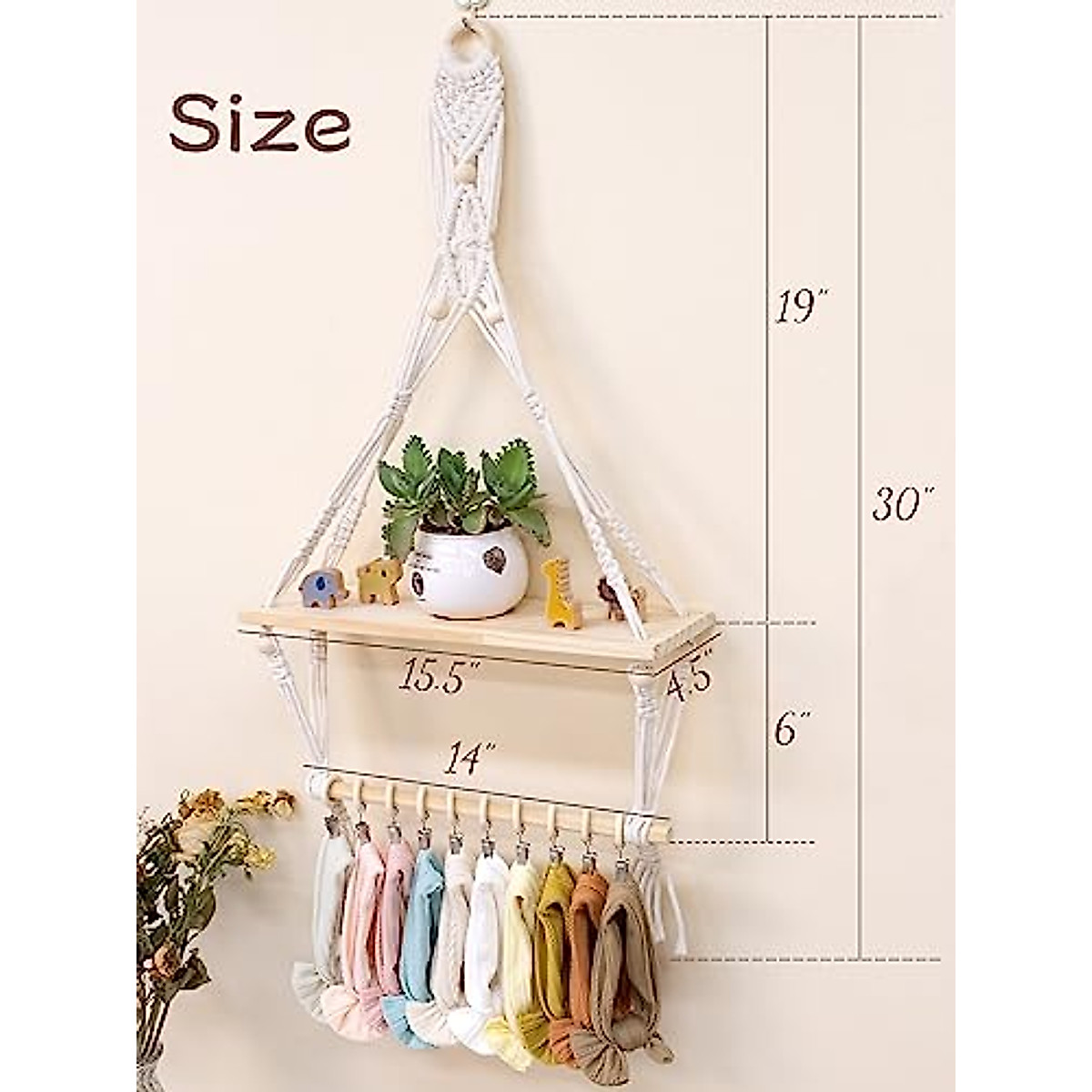 POVETIRE Macrame Hanging Shelves for Nursery for Nursery,Boho Baby Headband Holder Organizer Rope Decor Wall Hanging Decor for Toddler Girls Room