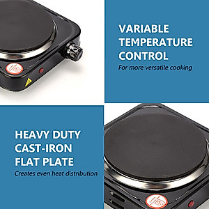 Compact and Portable Countertop Burner- Countertop Single Cast Iron Burner 1000 Watts Electric Hot Plate Temperature Controls Black
