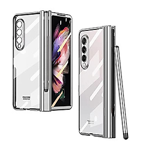 EAXER for Samsung Galaxy Z Fold 3 5G Case, Full Coverage Protection, with Screen Tempered Protector, Plating Hinge Protection Clear Case Cover with Stylus Pen (Silver)