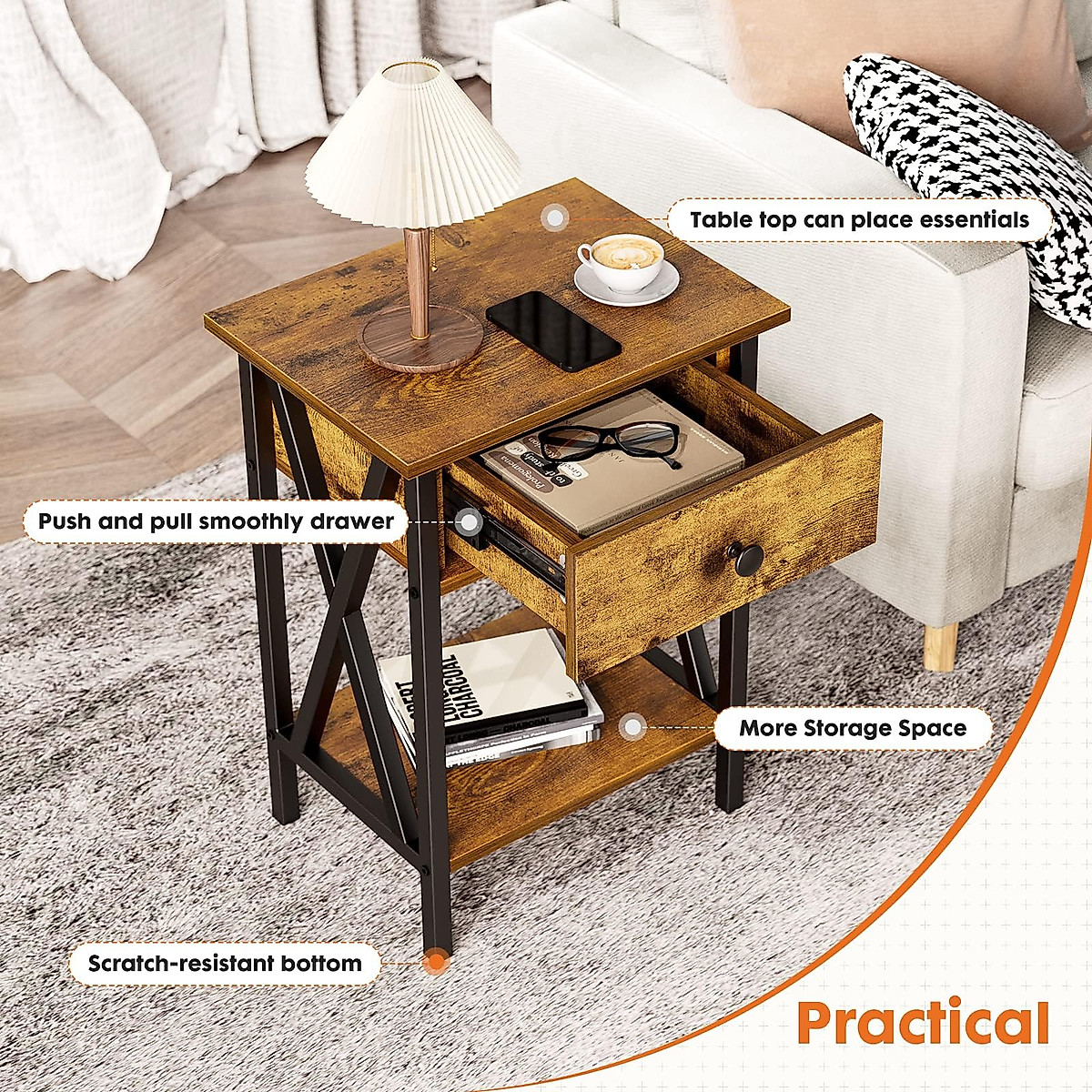 Nightstands Set of 2, Modern Bedside Tables End Table Set of 2 with Drawer and Storage Shelf, Side Tables X-Design Legs for Living Room Bedroom, Brown