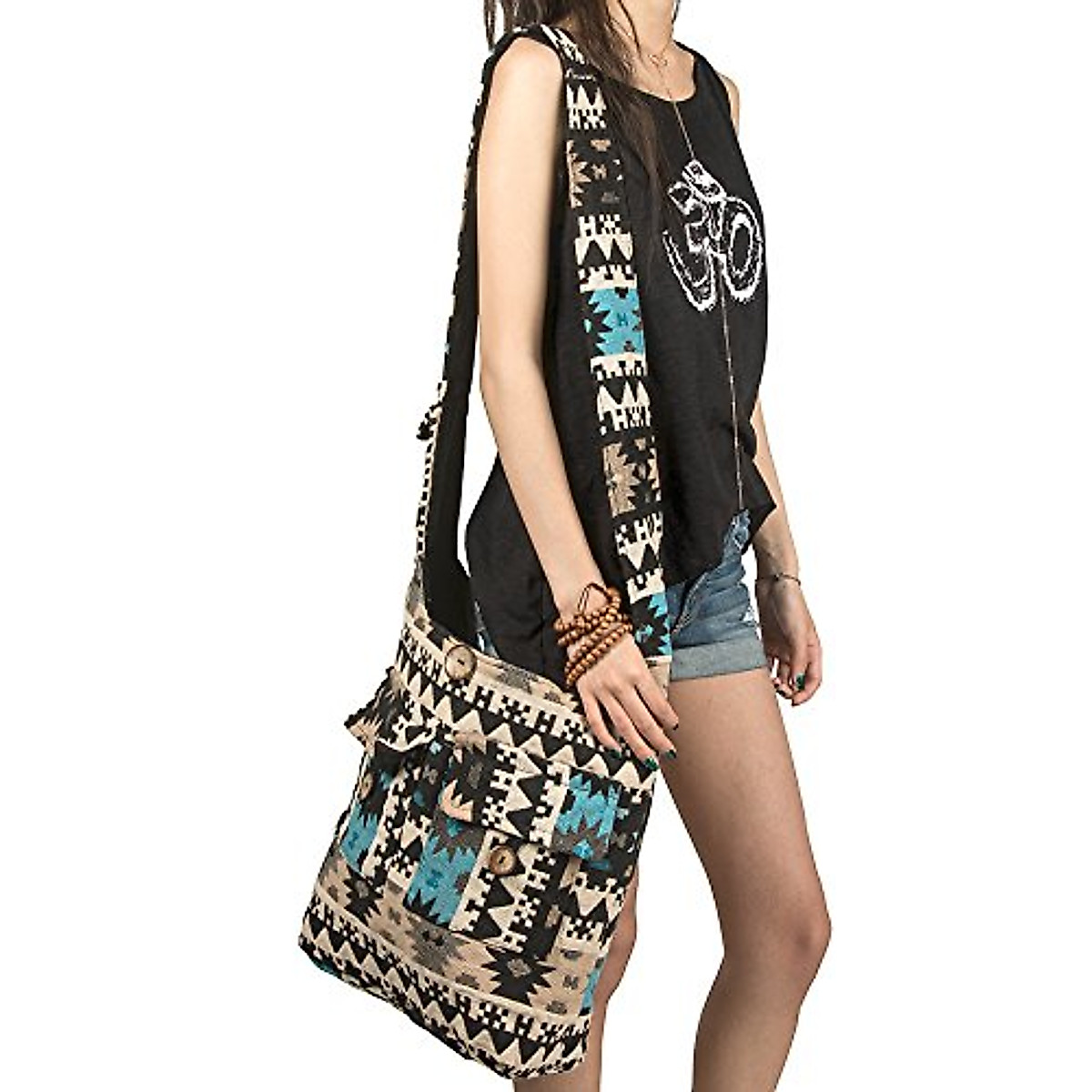 Tribe Azure Large Quilted Hobo Shoulder Bag Crossbody Sling Beach Travel (Blue Black)
