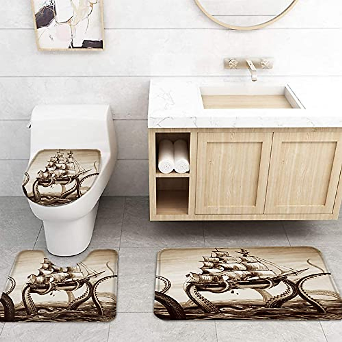 BestLives 4 Pcs Shower Curtain Sets with Rugs Pirate Boat Non-Slip Soft Toilet Lid Cover for Bathroom Ocean Animal Kraken Octopus Bathroom Sets with Bath Mat and 12 Hooks
