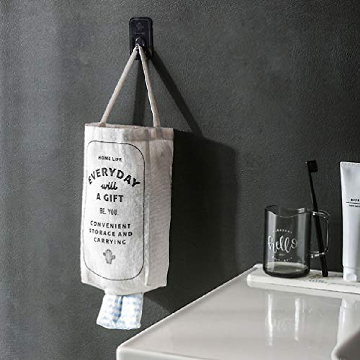 Cabilock 2PCS Wall Mount Grocery Bag Dispenser Linen Kitchen Grocery Plastic Bag Holder Farmhouse Hanging Storage Organizer Basket for Bathroom Home White