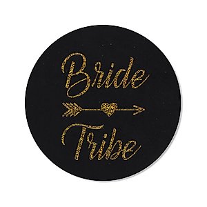 24-Pack, 2” Bride Tribe Stickers, Bachelorette Stickers, Black Gold Glitter Bridal Shower Labels