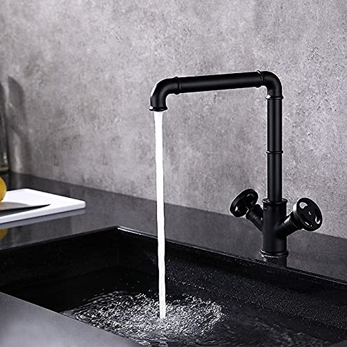 KunMai Industrial Pipe Style Single Hole Kitchen Faucet with Double Handle in Matte Black