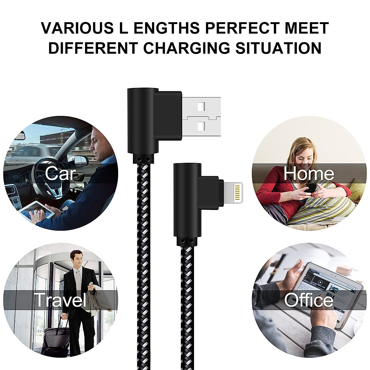 FOXSEA 3FT 90 Degree Lightning Cable MFi Certified Fast Charging Cord (Black&White) 3Pack