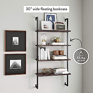 Nathan James Theo 4-Shelf Bookcase, Floating Wall Mount Shelves with Natural Wood and Industrial Pipe Metal Frame, Nutmeg/Black