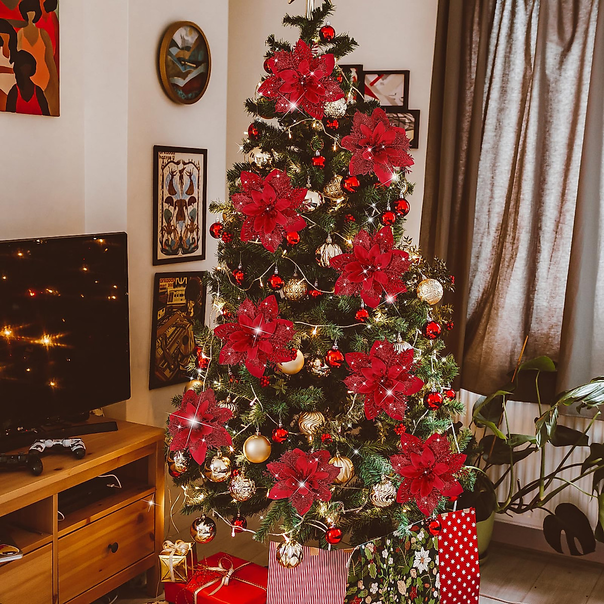 15 PCS Poinsettia Flower Artificial Poinsettia with Clips Christmas Decor Glitter Poinsettia Christmas Ornaments Christmas Tree Flower Decorations with Stems DIY Xmas Wreath Holiday Home Party Decor