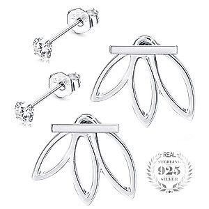 Milacolato 925 Sterling Silver Stud Earrings Set for Women 14K Gold Plated Ear Jacket Studs Lotus Flower Cubic Zirconia Stud Earrings Small Simple Chic Earrings Set