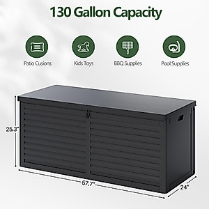BTMWAY 130 Gallon Outdoor Storage Deck Box Water-proof Resin Cabinet for Patio Cusions,Garden Tools,Pool Supplies,Lockable Strong Bearing Lid,Slide Support Rod,Lightweight,Weather-resistant (Black)