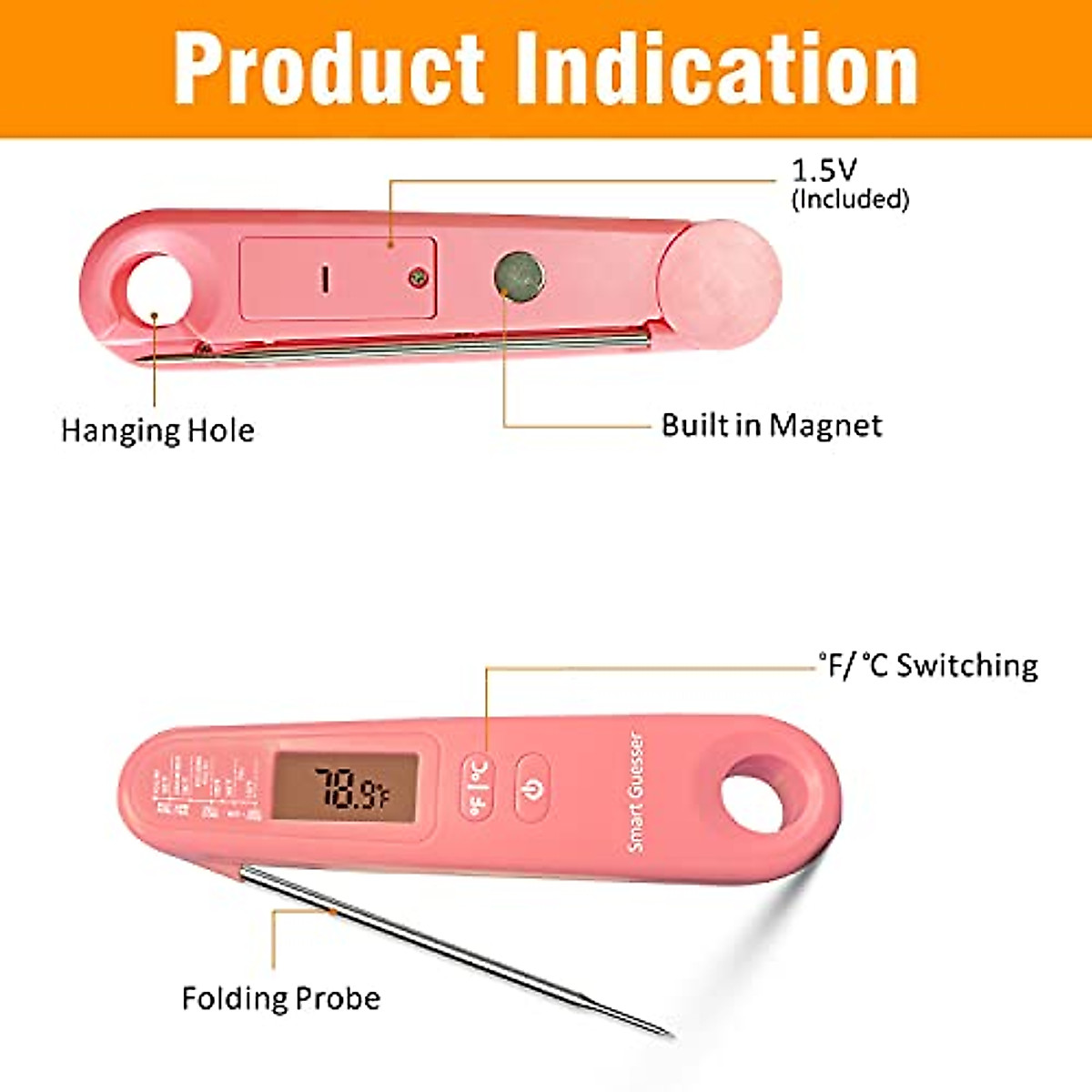 Smart Guesser Digital Meat Thermometer with Backlight for Kitchen Cooking-Instant Read Food Thermometer for Meat, Deep Frying, Baking,Grilling BBQ-Pink