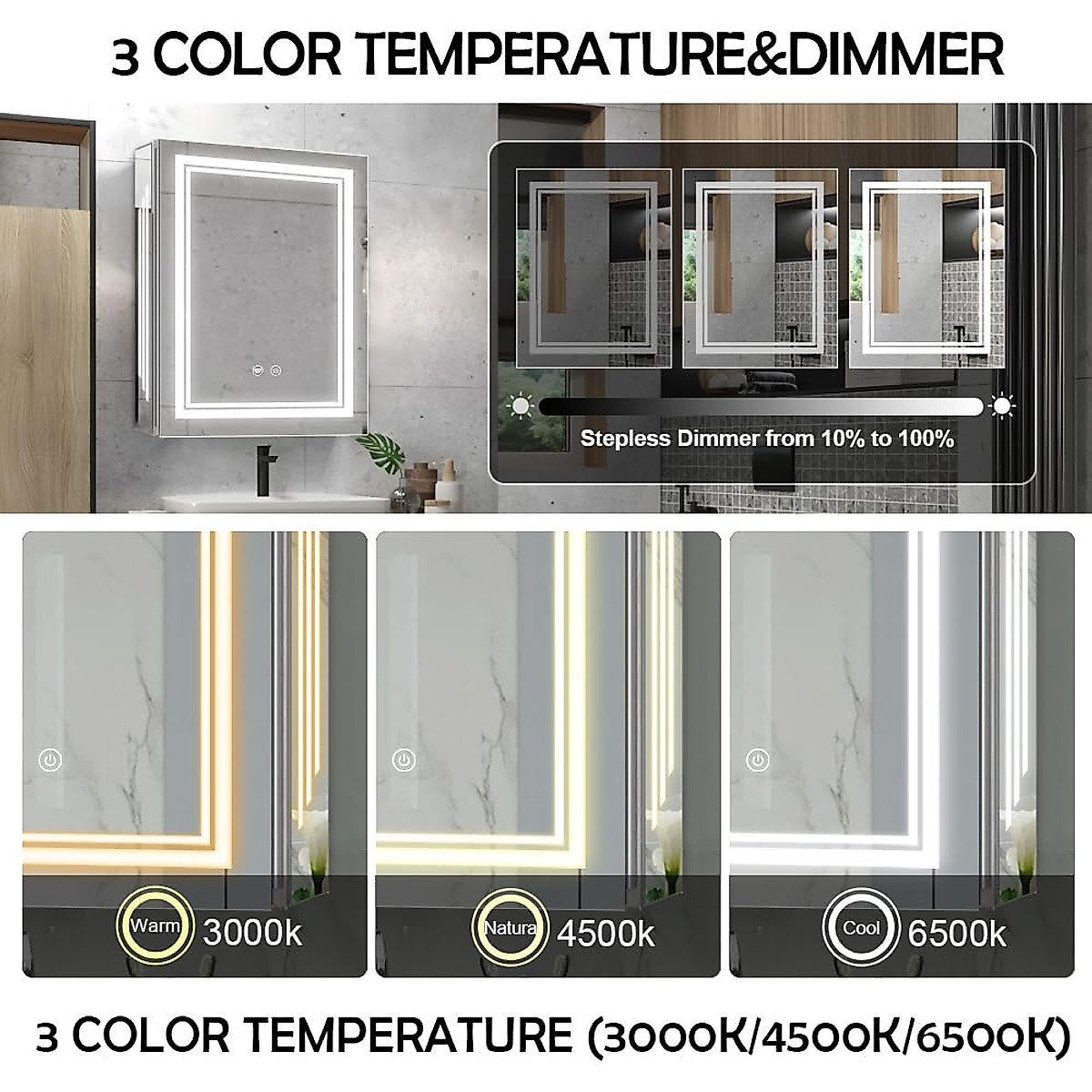 Janboe 20×26inch Medicine Cabinet with Lights,Lighted Medicine Cabinet,3 Colors&Dimmable,Demister,Internal Light,USB Shaver Socket,Inner Door Lighting