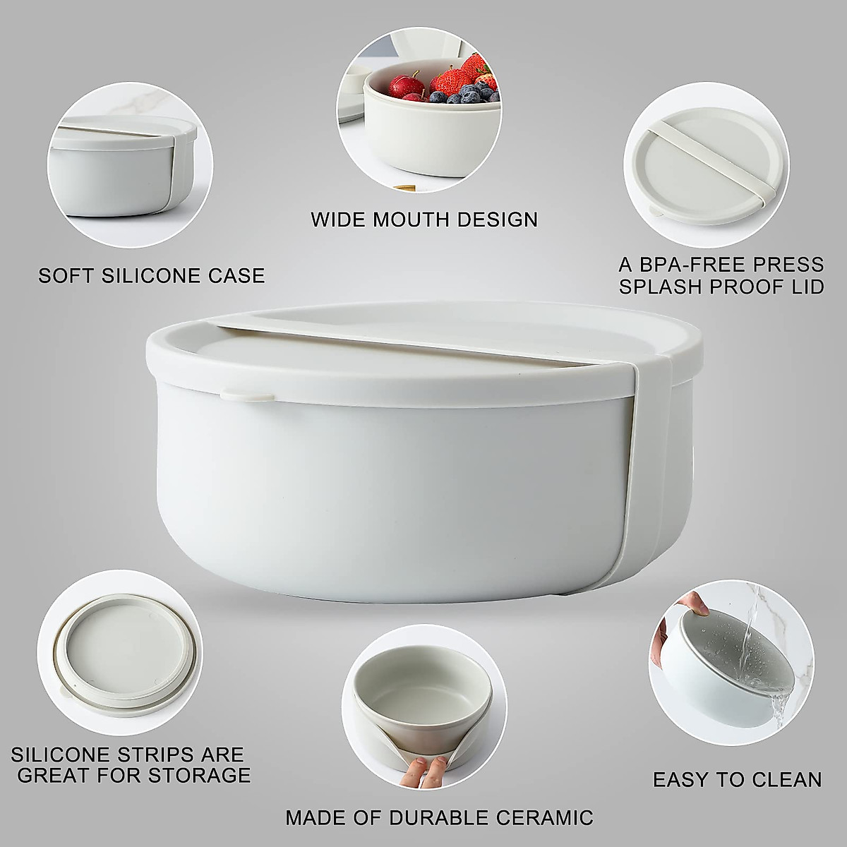 WALZION Ceramic Bowl Lunch Container with Lid,Protective Non-slip Exterior Snap-tight Silicone Strap, 22 oz，Food Storage, Bento Box, Meal Prep，Dishwasher Microwave Safe (light grey)