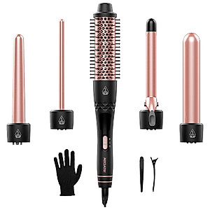 Curling Iron Set，MOCEMTRY 5 in 1 Curling Wand Interchangeable Ceramic Barrels(0.35”-1.25”) and Thermal Brush Curling Iron, Instant Heat Up Hair Curler, with Protective Gloves & 2 Clips