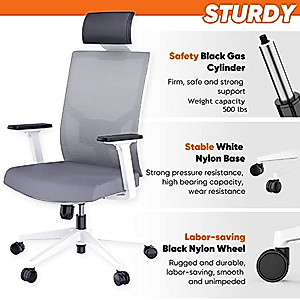 Season wind Ergonomic Office Chair, Mesh Home Office Desk Chairs Big and Tall Computer Chair Swivel Executive Chair with Wheels Heavy People Adjustable Armrest High Back Lumbar Support Headrest Grey