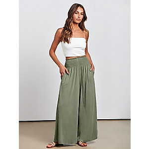 ANRABESS Women Palazzo Pants Summer Boho Bagyy Wide Leg High Smocked Waist Casual Loose Lounge Pant with Pocket Olive X-Large