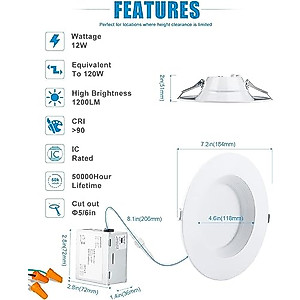 Lightdot Ceiling Light Fixture, Retrofit LED Recessed Lighting 6 inch, Downlight with Baffle Trim, Canless with Junction Box-10Pack
