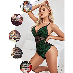 Avidlove Women One Piece Lingerie Deep V Teddy Contrast Lace Bodysuit Mini Babydoll (Green,L)