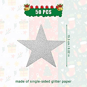 50pcs Glitter Star Cutouts, 6inch Twinkle Star Glitter Paper Confetti Star Shape Paper Cut Outs for Bulletin Board Classroom Wall Party Supplies (Silver)