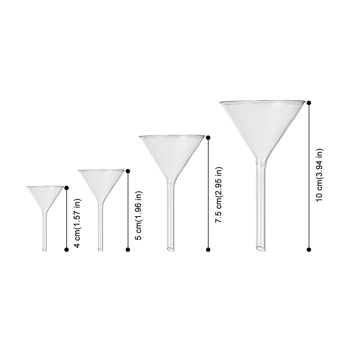 Baluue 4pcs Glass Funnels Set, Borosilicate Glass Funnel for Lab, Short Stem, Heavy Wall, 40mm, 50mm, 75mm, 100mm