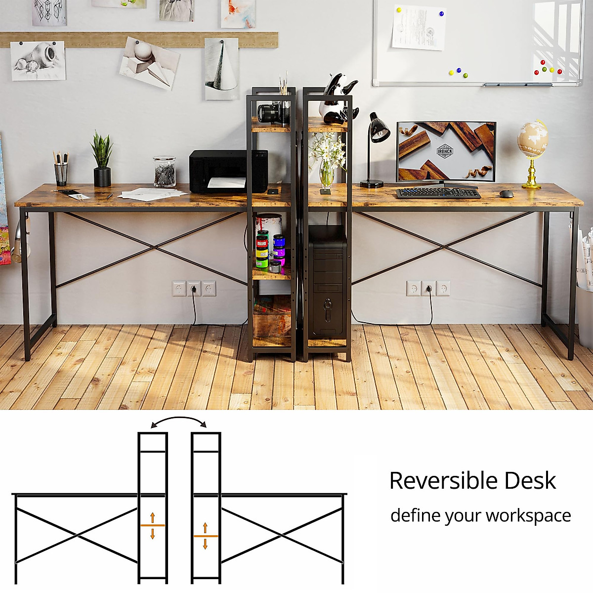 IRONCK Computer Desk 55" with Power Outlet and Storage Shelves, Study Writing Table with USB Ports Charging Station, PC Desk Workstation for Home Office, Rustic Brown