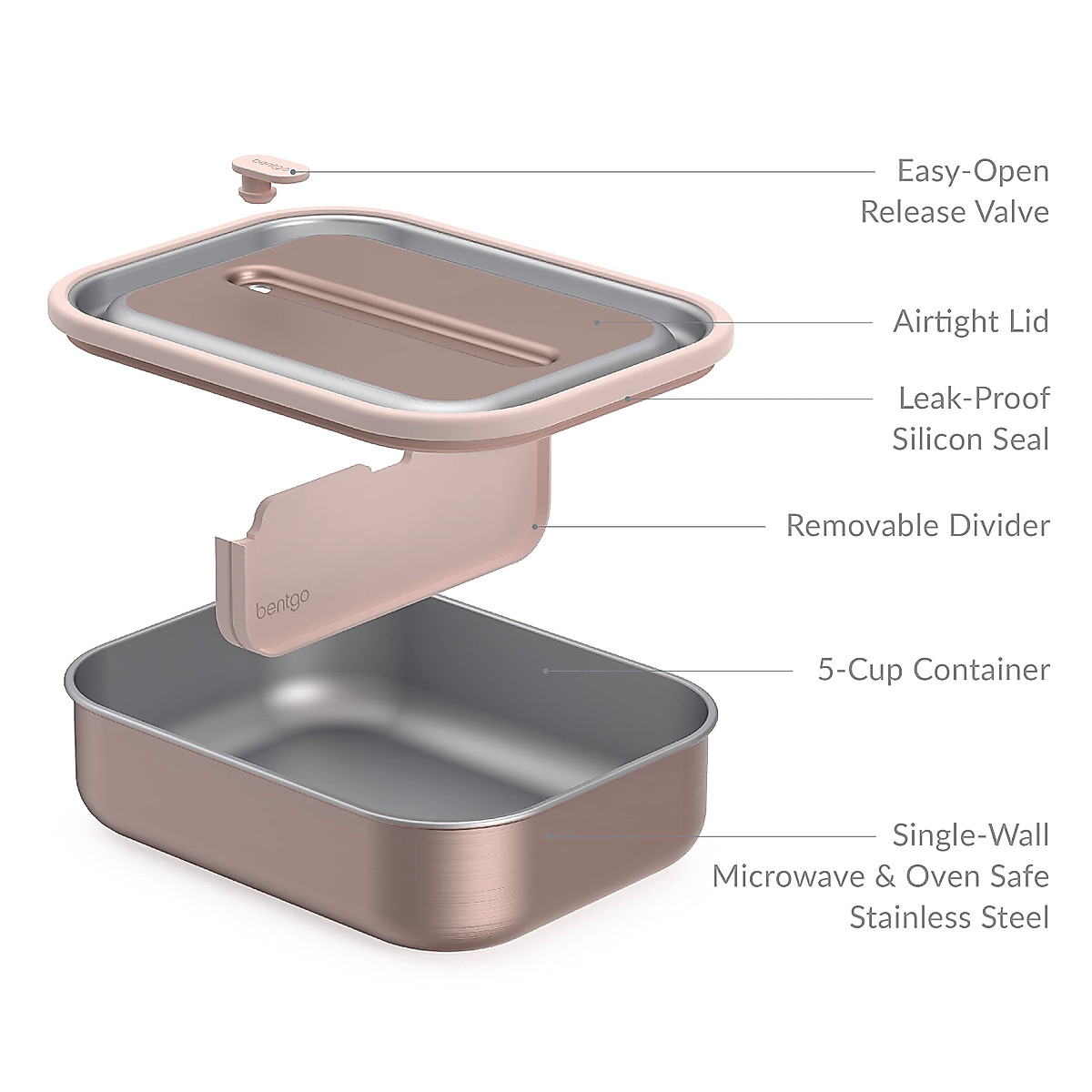Bentgo® MicroSteel® Leak-Proof Lunch Box - Microwave-Safe, Oven-Safe, Bento-Style Container with Removable Divider, Airtight Lid, Sustainable Design, Odor & Stain Resistant (Rose Gold)
