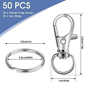 50 PCS in 25 Sets, Metal Swivel Lobster Claw Clasps, Keychain Clip with Large Key Ring, Premium Keychains Clips, Snap Hooks and Sturdy Key Rings, for Key Chain Making Kit，HnoaTovy (Silver)