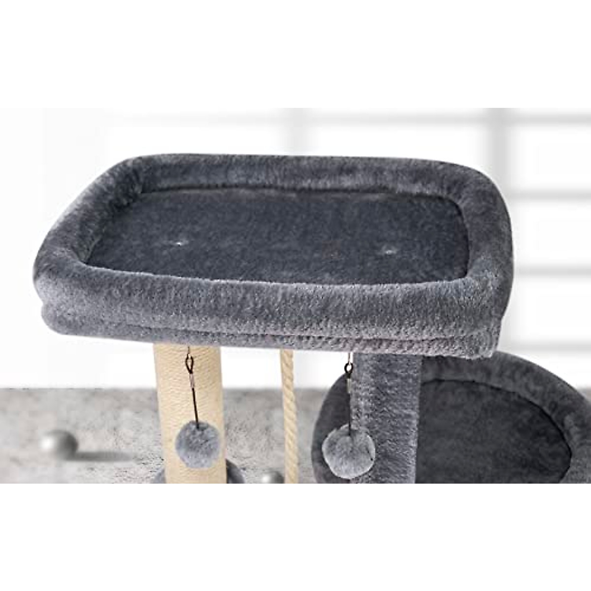 Youpet Fashion Design Cat Tree with Cat Condo Hammock and Two Replacement Hanging Balls,Grey