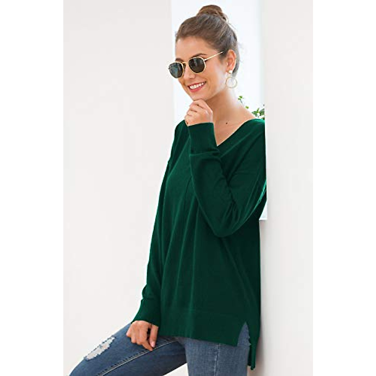 Jouica Womens Fall Casual Long Sleeve Pullover Sweater(Dark Green,X-Large)