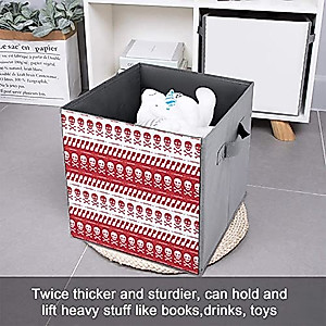 Caution Tape with Skulls Red Borders Storage Bins Cubes Foldable Fabric Organizers with Handles Clothes Bag Book Box Toys Basket for Shelves Closet 10.6"