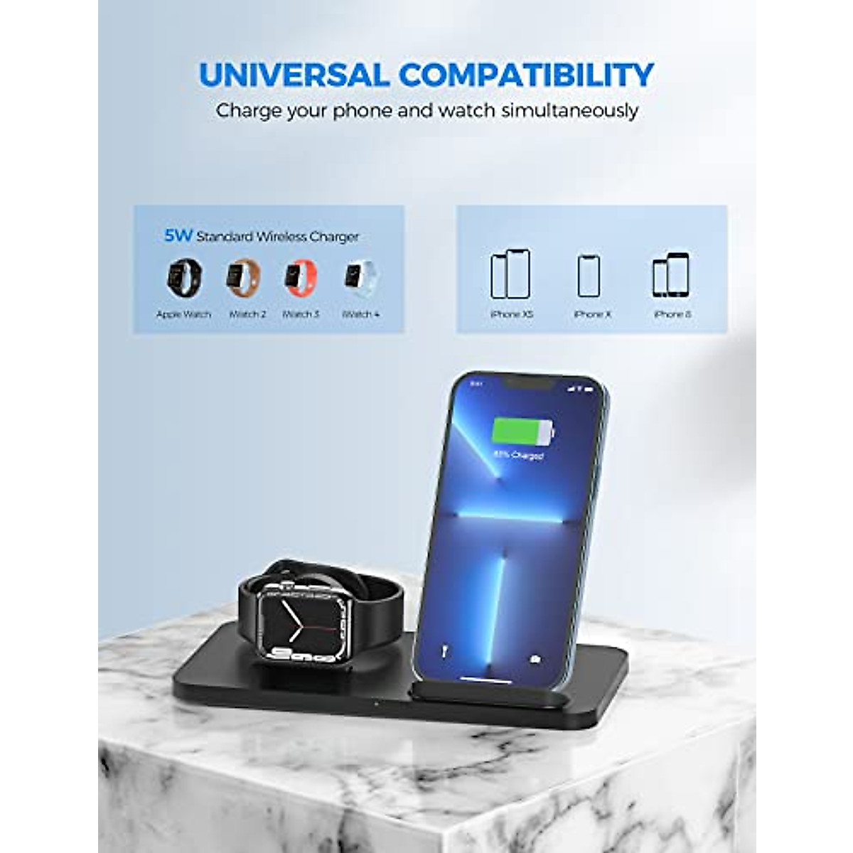 Wireless Charger 15W, 2 in 1 Wireless Charging Station, Fast Wireless Charger for iPhone 13 12 11 Pro Max X XS/iWatch Series, Fast Qi Wireless Charger Dock Station(Adapter Include)