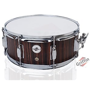 Snare Drum by GRIFFIN | 14" x 5.5" Black Hickory PVC & Coated Head on Poplar Wood Shell | Acoustic Marching Percussion Instrument Set, Drummers Key, 8 Metal Tuning Lugs & Snare Strainer Throw Off Kit